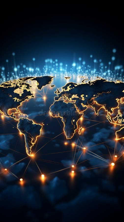 International Communication Concept Glowing World Map in 3D Rendering ...