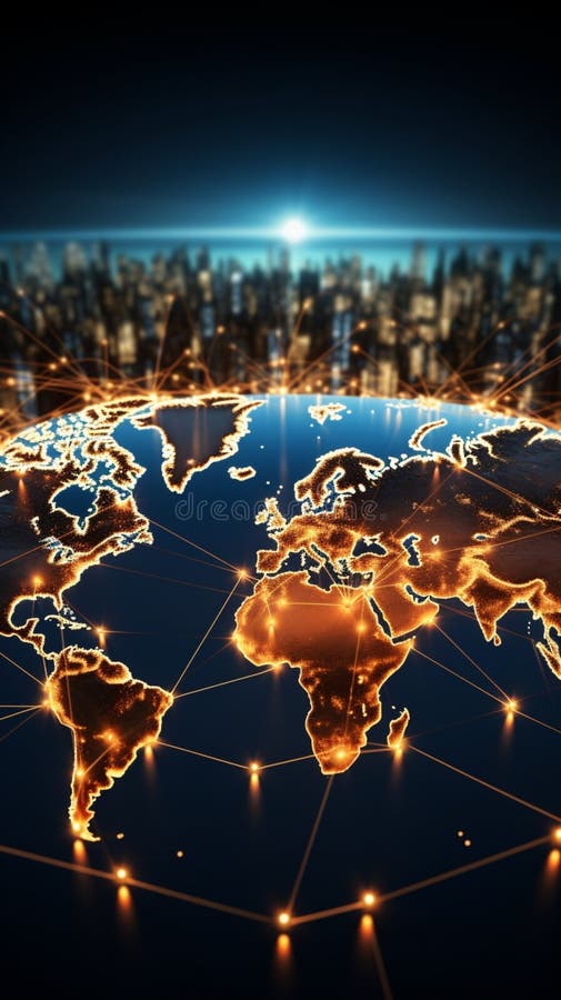 International Communication Concept Glowing World Map in 3D Rendering ...
