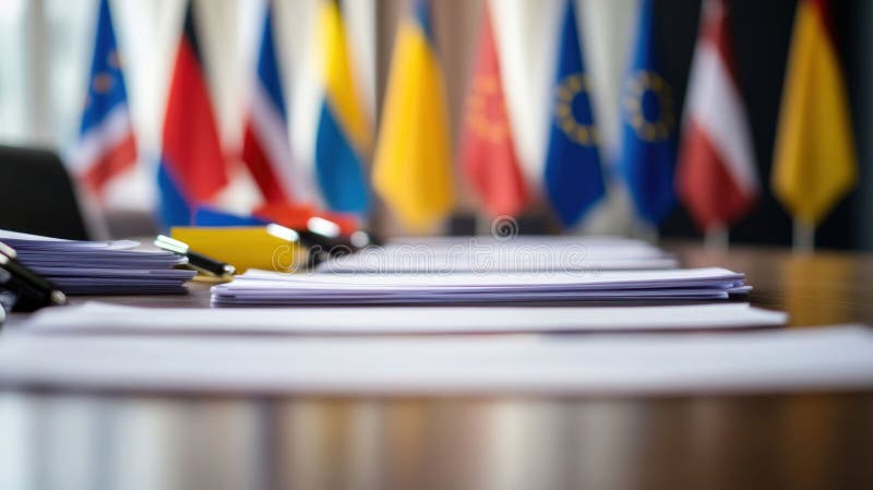International Conference Table with Documents and Flags Stock ...
