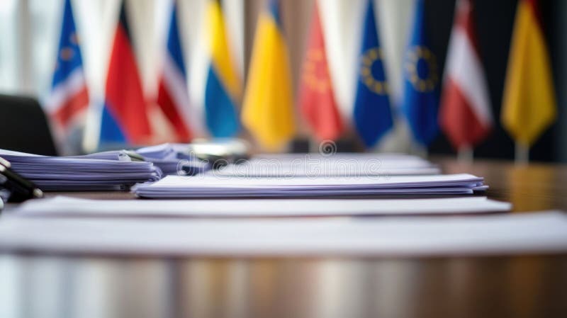 International Conference Table with Documents and Flags Stock ...