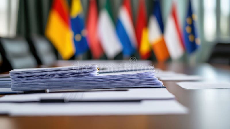 International Conference Table with Documents and Flags Stock ...