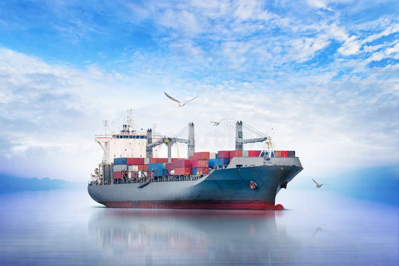 International Container Cargo Ship in the Ocean with Group of Birds ...