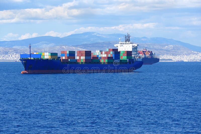 International Container Cargo Ship in the Sea, Athens in Greece Stock ...