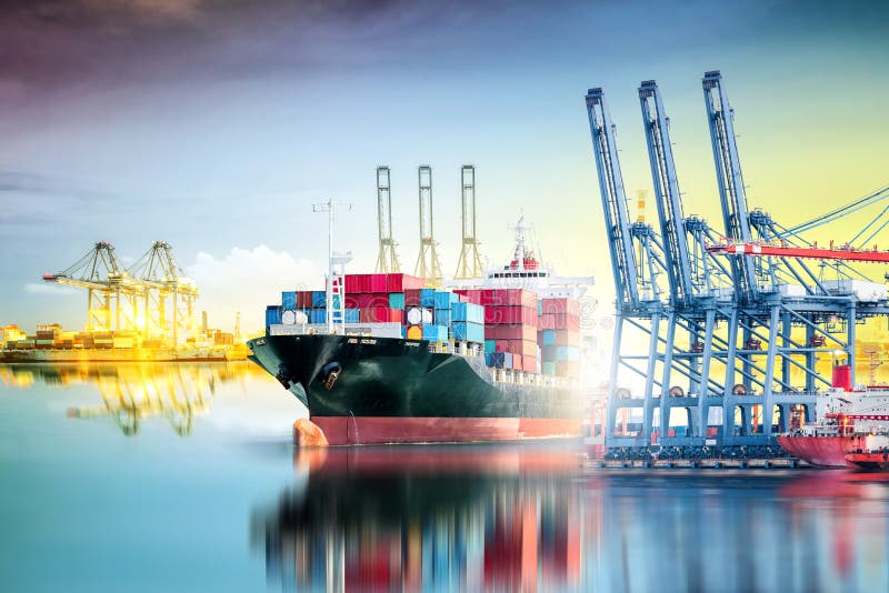 International Container Cargo Ship with Working Crane Bridge in ...