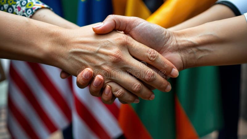International Cooperation Handshake Amidst Diverse Flags Symbolizing ... International Cooperation Handshake Amidst Diverse Flags Symbolizing ...