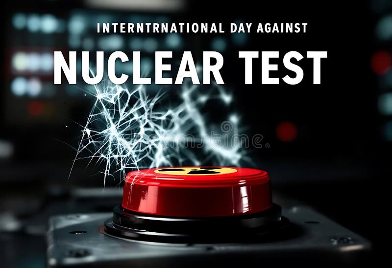 International Day Against Nuclear Tests: Red Button with Nuclear Symbol ...