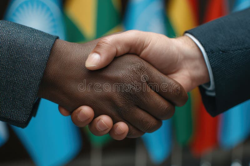International Deal Closing with Handshake and Flags Representing ...