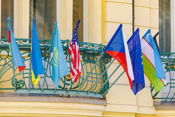 International Flags on Balcony Displaying Multicultural Unity Stock ...