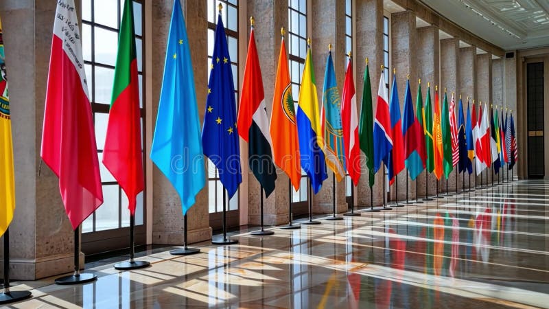 International Flags Display in a Sunlit Hallway with Global Diversity ...