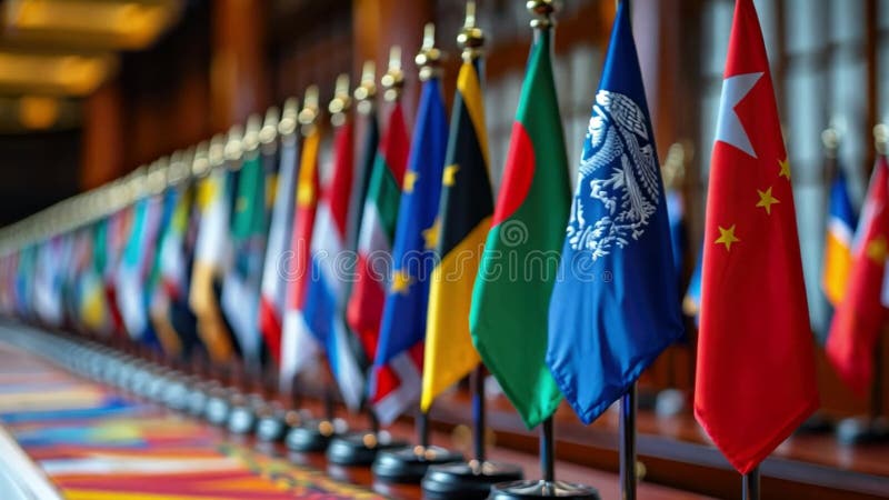 International Flags Displayed in a Conference Hall for Global Diplomacy ...