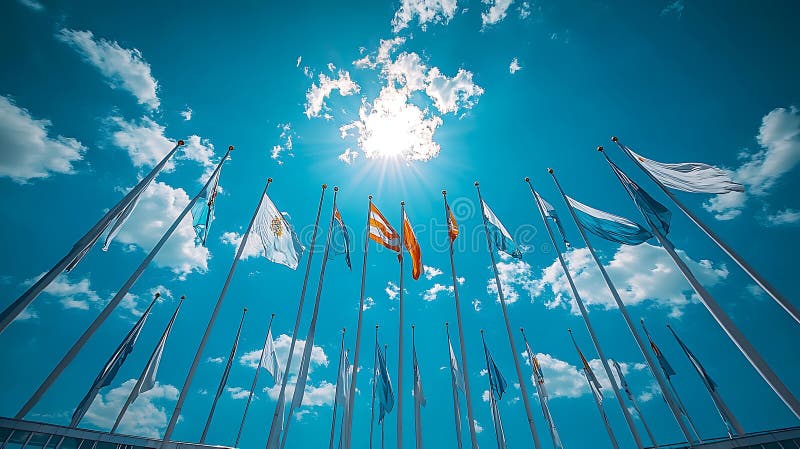 International Flags Fluttering Under Bright Sunlight Against Azure Sky ...