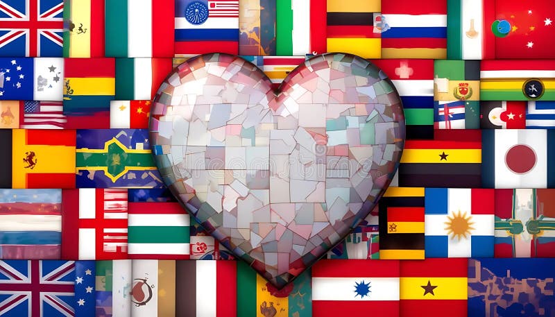 International Flags, Heart Shape, Mosaic Pattern, Global Unity Stock ...