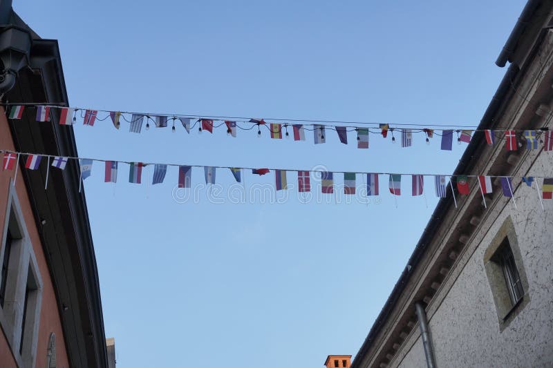 International Flags in the Line on Blue Sky Background, Safety Stock ...