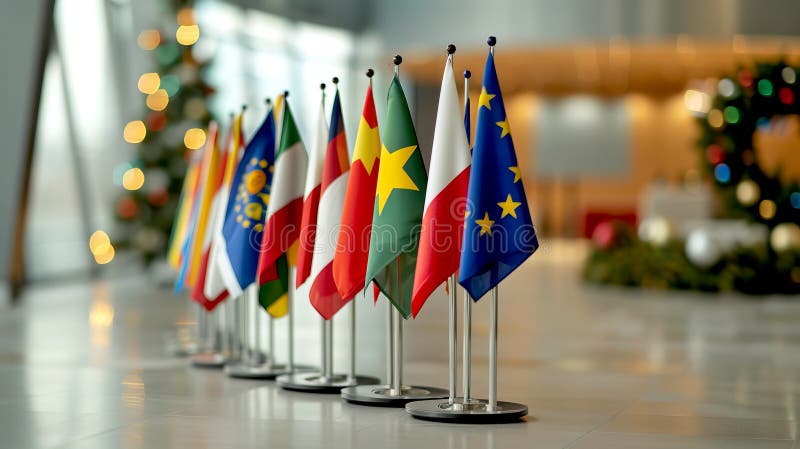 International Flags Standing in a Row in an Indoor Setting. Flags from ...