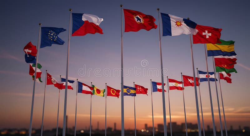 International Flags at Sunset: a Global Unity Display Stock ...
