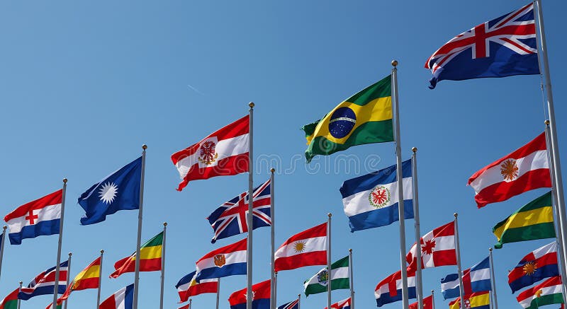 International Flags Waving in the Sky: a Global Unity Stock ...