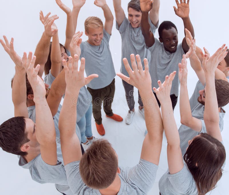 International Group of Like-minded People Standing with Hands Up Stock ...
