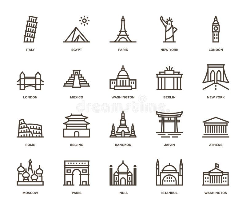 International Landmarks and Monuments Icons Stock Vector - Illustration ...