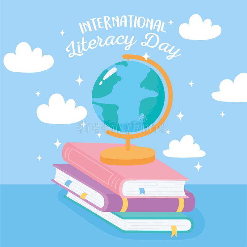 International Literacy Day, School Globe Map on Books Stock Vector ...