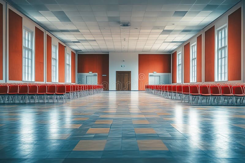 International Meeting Setup in a Spacious Hall Featuring Rows of Red ...