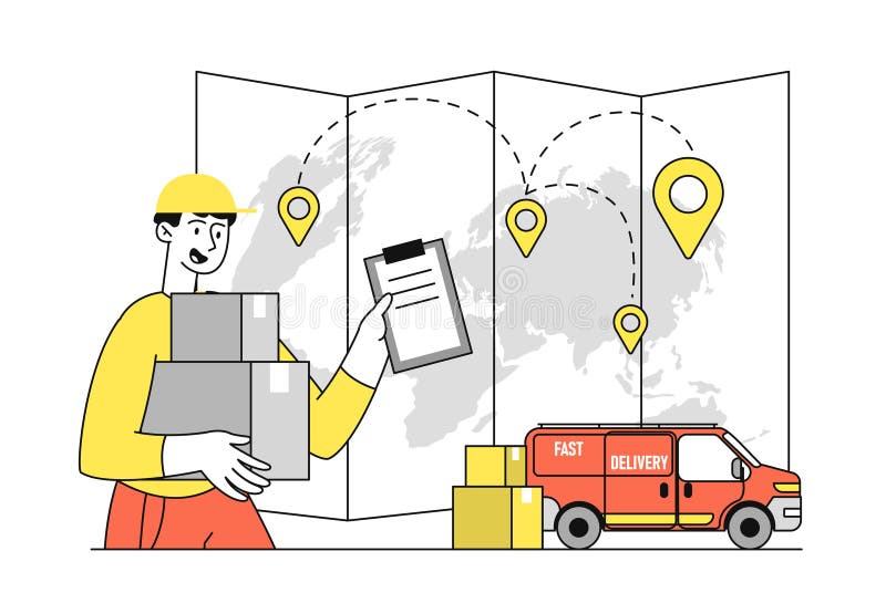 International Shipment Concept. Man with Cardboard Boxes on Map ...