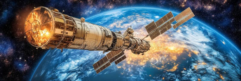 International Space Station in Orbit Around Earth, with Solar Panels ...