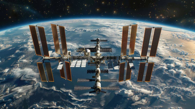 International Space Station on Orbit of Earth Planet. Dark Background ...