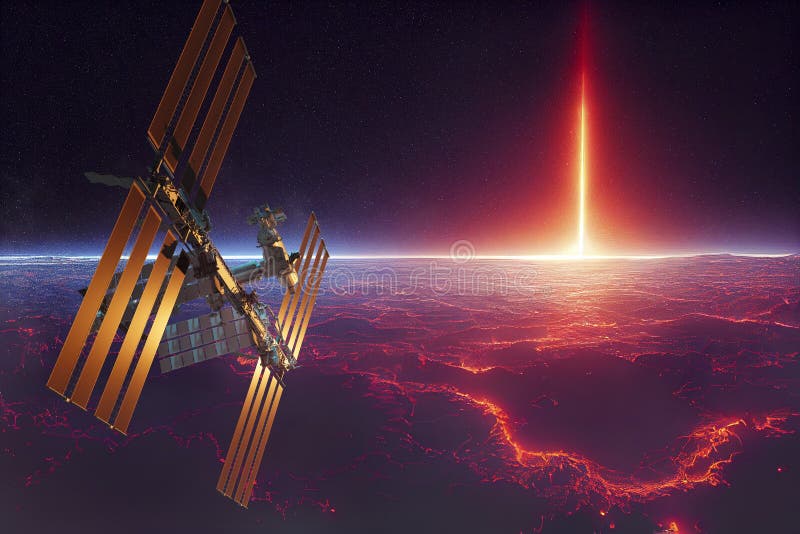 International Space Station on Orbit of Earth Planet. ISS. Clouds and ...