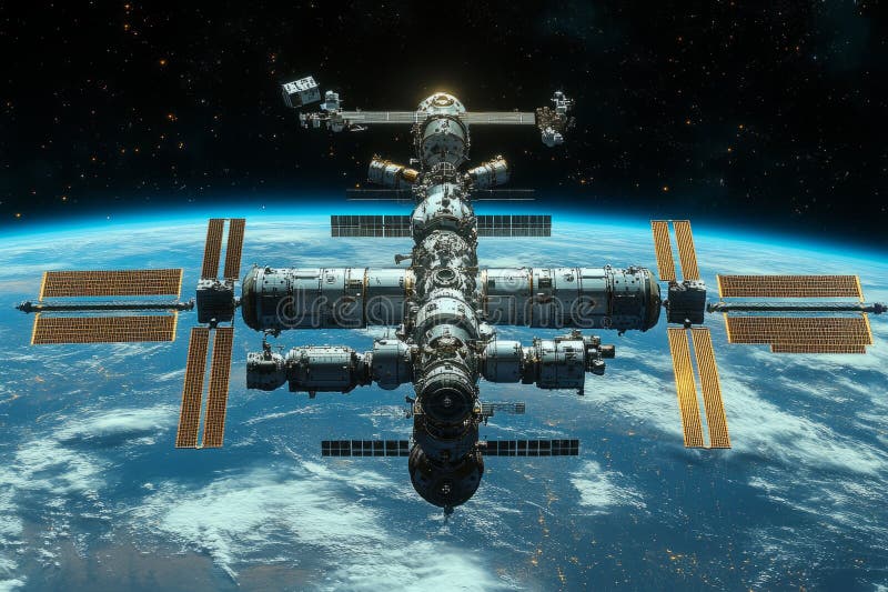 International Space Station Orbiting Earth with Solar Panels Deployed ...