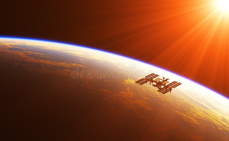 International Space Station in the Rays of Rising Sun Stock ...