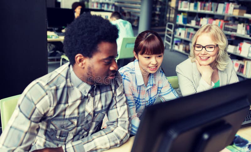 International Students with Computers at Library Stock Image - Image of ...