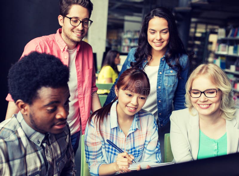 International Students with Computers at Library Stock Image - Image of ...