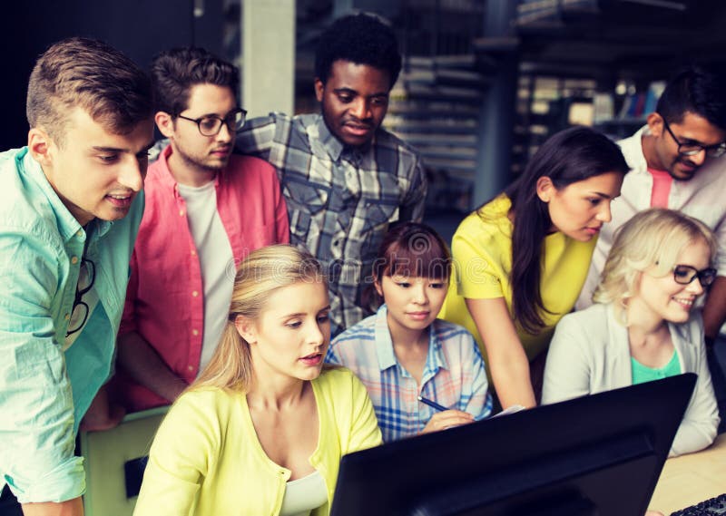 Students with Computers Studying at School Stock Image - Image of ...