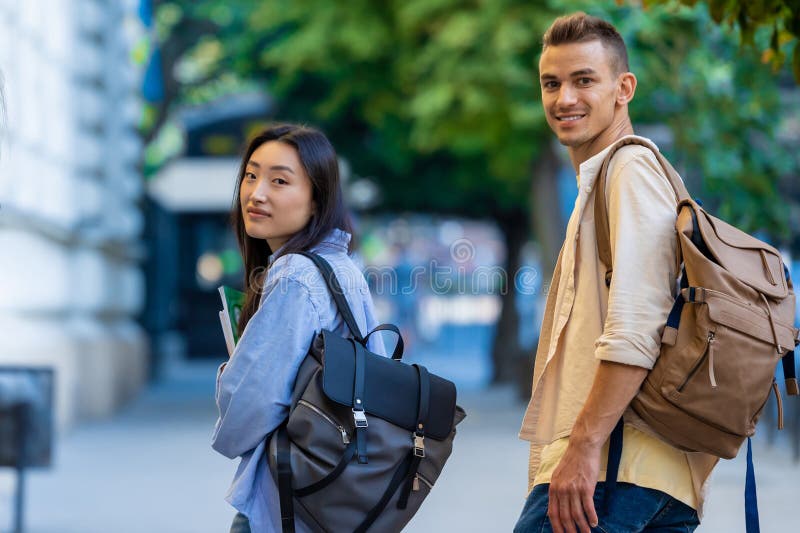 International Students Walking Near the Campus and Smiling. Stock Image - Image of outside ...