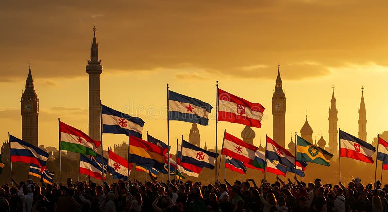 International Unity at Sunset: a Global Gathering of Flags Stock ...