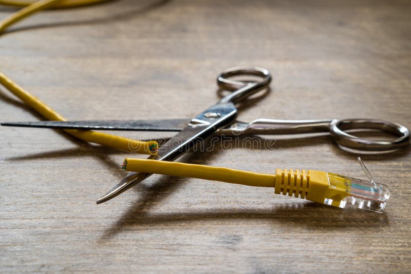 Yellow Internet Cable Cut by Scissors Stock Photo - Image of digital ...