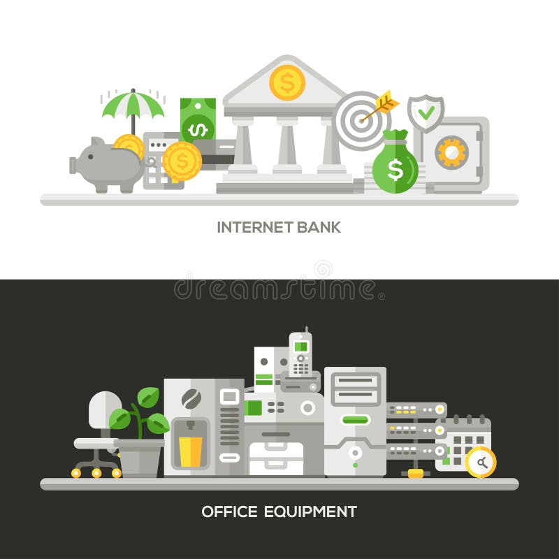Internet Bank, Office Equipment Flat Design Concept Banners, Headers ...