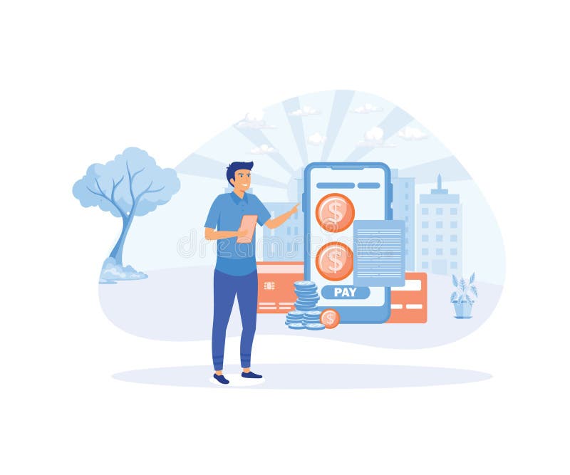 Internet Banking. Man Pay Bills Online Using Mobile Phone Stock Vector ...