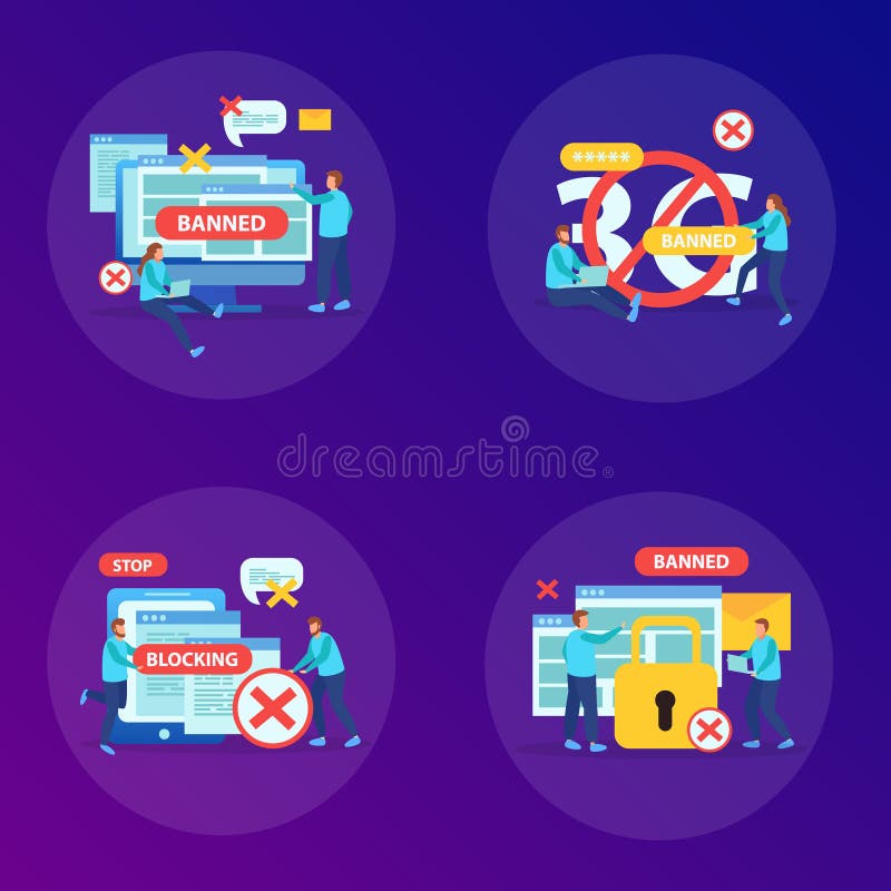 Internet Blocking Isometric Horizontal Flowchart with Banned Users and ...