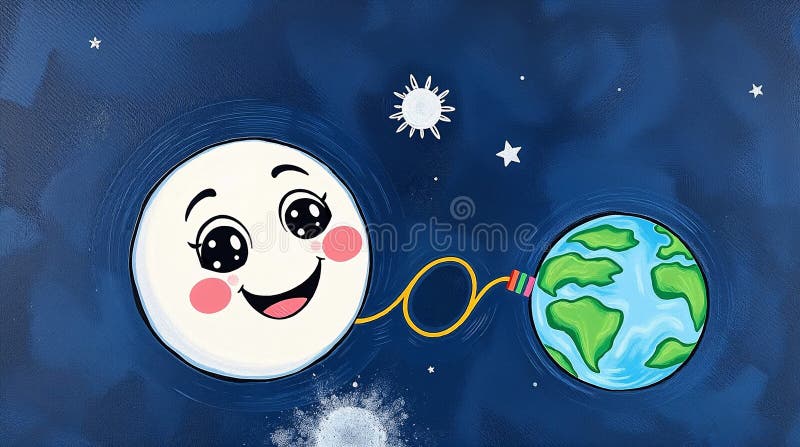 Internet Cable Connection between Painted Cartoon Earth and Moon Stock ...