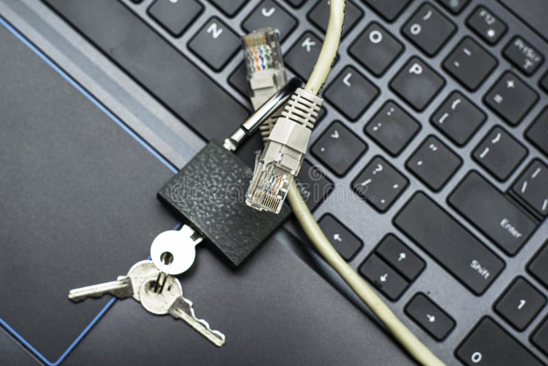 Internet Cable Passing through an Open Iron Lock with Keys on a Laptop ...