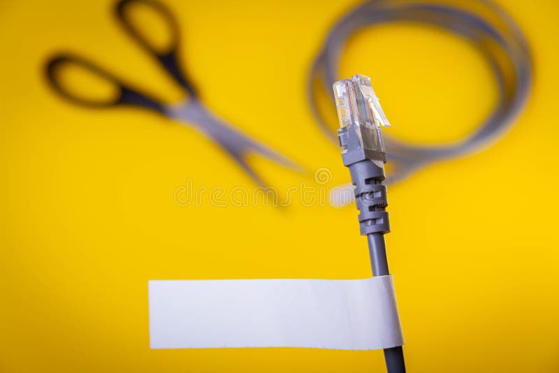 Internet Cable and Scissors Cut it. Disconnection of Internet Network ...