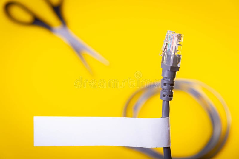 Internet Cable and Scissors Cut it. Disconnection of Internet Network ...