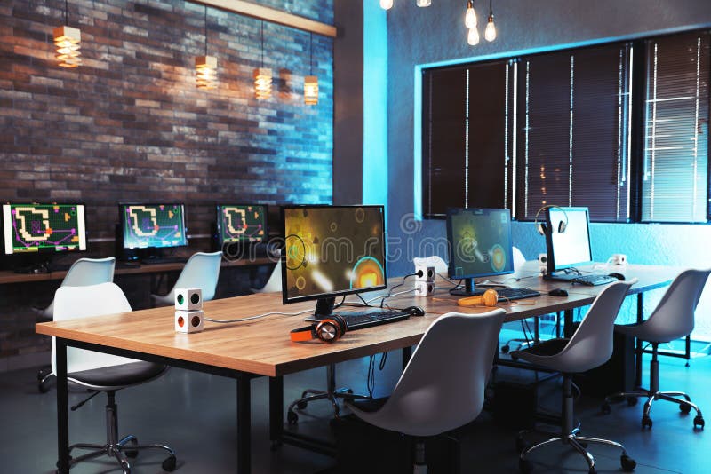 Internet Cafe Interior with Computers. Video Game Tournament Stock ...