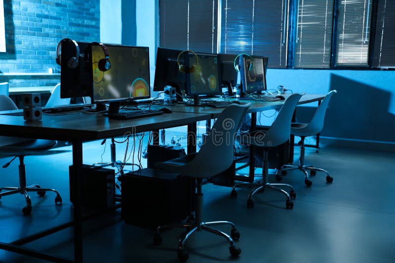 Internet Cafe Interior with Computers. Video Game Tournament Stock ...