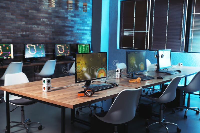 Internet Cafe Interior with Computers. Video Game Tournament Stock ...