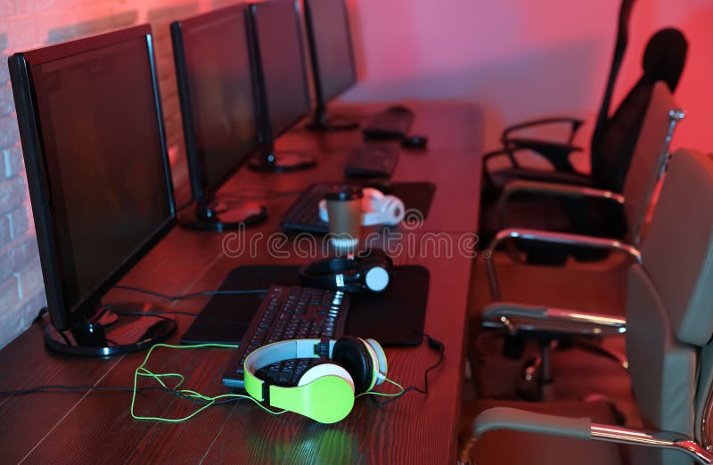 Internet Cafe with Computers for Playing Video Games Stock Image ...
