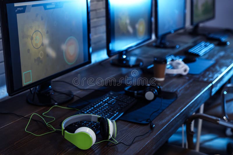 Internet Cafe with Computers for Playing Video Games Stock Image ...