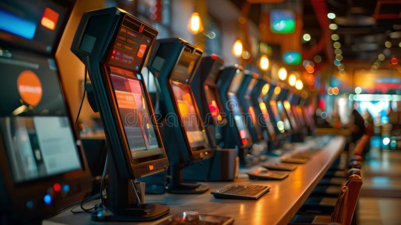 Internet Cafe with Rows of Computers Ready for Use. Modern Digital ...