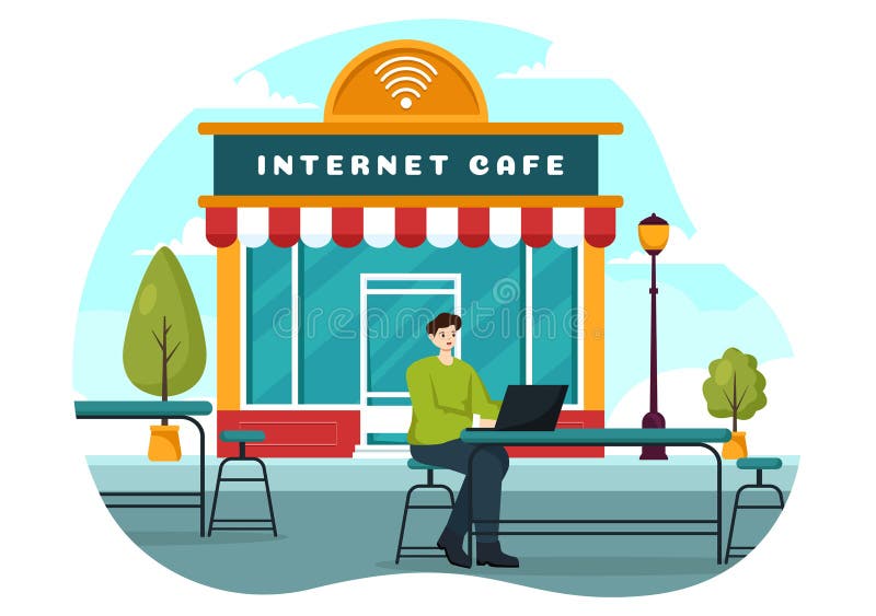 Internet Cafe Vector Illustration with Building for Young People ...